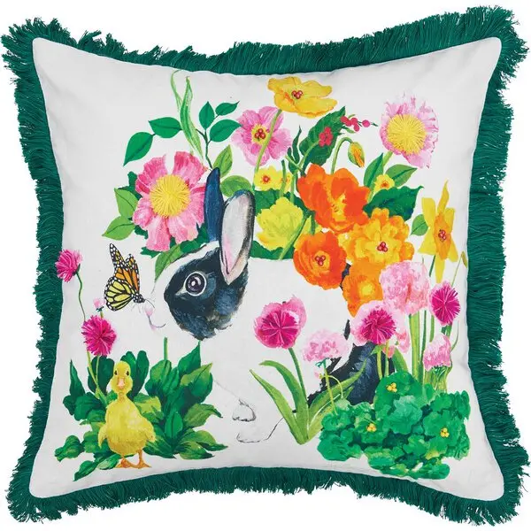 C&F HOME Easter Bunny & Flowers Printed Cotton Blend Accent Throw Pillow 18" X 18 - Blue