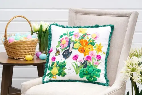 C&F HOME Easter Bunny & Flowers Printed Cotton Blend Accent Throw Pillow 18" X 18