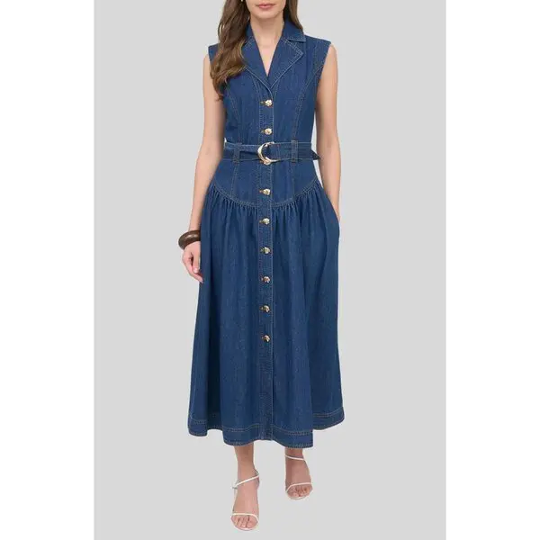 ZOE AND CLAIRE Sleeveless Belted Maxi Dress - Denim