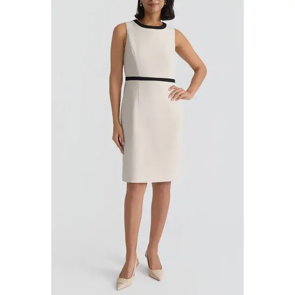 KASPER Sleeveless Stretch Crepe Sheath Dress With Contrast Trim - Parchment/black