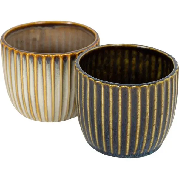 FORESIDE HOME AND GARDEN Set Of 2 Ribbed Planters Navy & Cream Porcelain - Beige