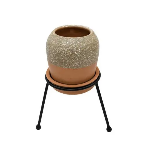 FORESIDE HOME AND GARDEN Splatter Planter Saucer & Stand Black Metal & Tan Terracotta - Beige