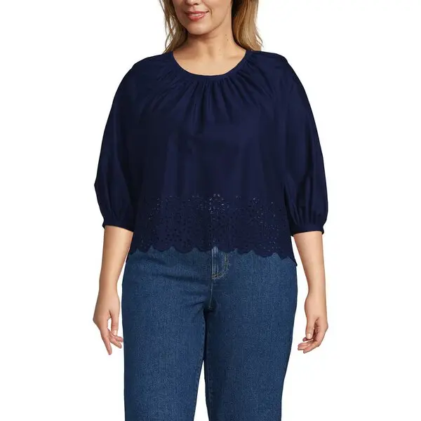 LANDS' END Gathered Eyelet Top - Deep Sea Navy