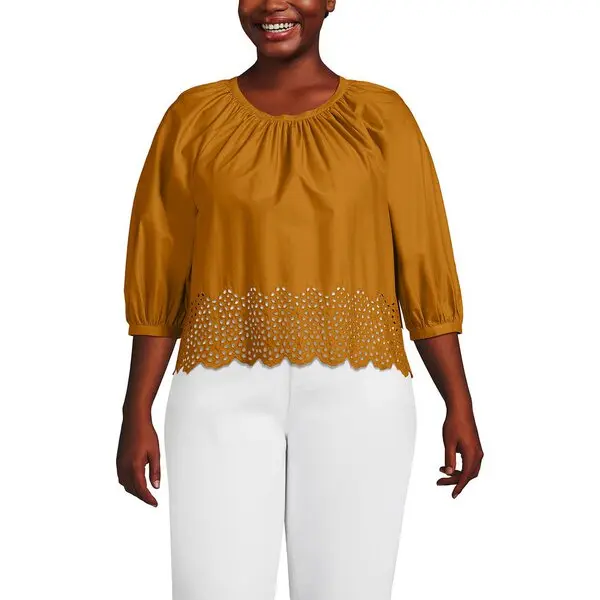 LANDS' END Gathered Eyelet Top - Vintage Amber