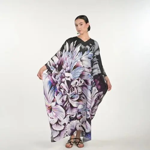 SILK&SOUL Peonies And Dragonflies Collection Kaftan Dress - Black