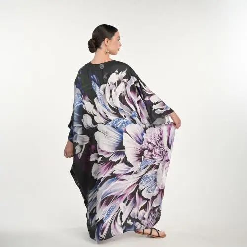 SILK&SOUL Peonies And Dragonflies Collection Kaftan Dress - Black