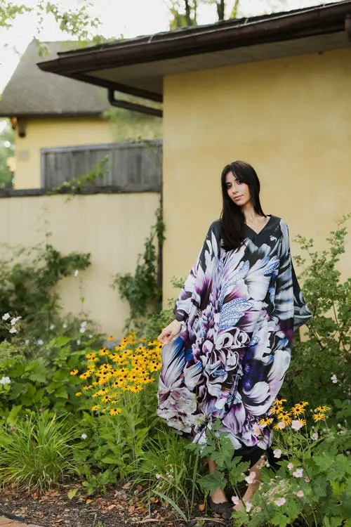 SILK&SOUL Peonies And Dragonflies Collection Kaftan Dress - Black