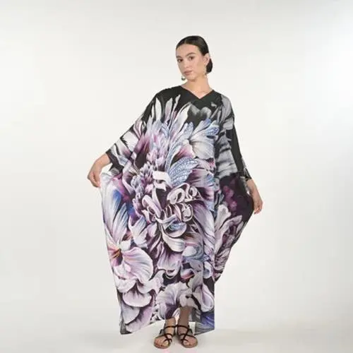 SILK&SOUL Peonies And Dragonflies Collection Kaftan Dress - Black
