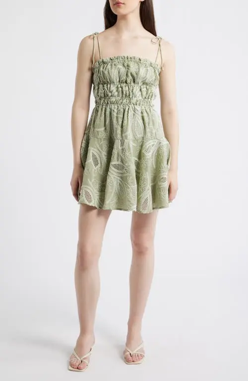 Moon River Embroidered Shirred Fit & Flare Minidress - Olive