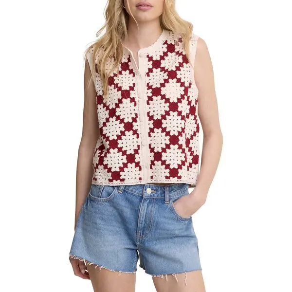 NOBODY'S CHILD Sleeveless Crochet Cardigan - Ivory/red