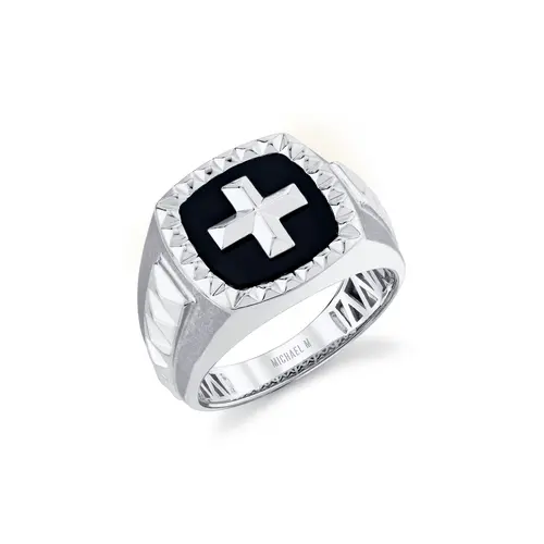 MICHAEL M Tetra Signet Ring With Onyx Cross - Silver