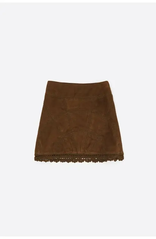 Bimba Y Lola Suede Mini Skirt With Decorative Stitching And Crochet Lace