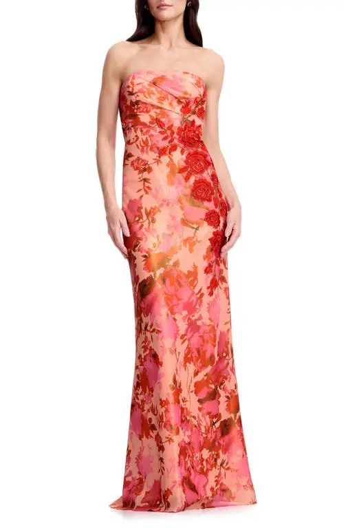 Dress The Population Kinley Floral Appliqué Strapless Gown - Peach Multi