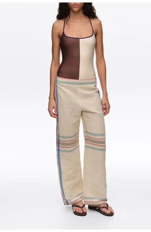 Bimba Y Lola Linen Straight Ankle Length Striped Trousers - Ecru