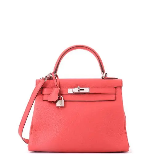 Hermès Kelly Handbag Pink Clemence With Palladium Hardware 28 - Red