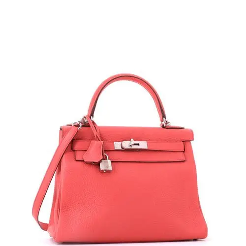 Hermès Kelly Handbag Pink Clemence With Palladium Hardware 28 - Red