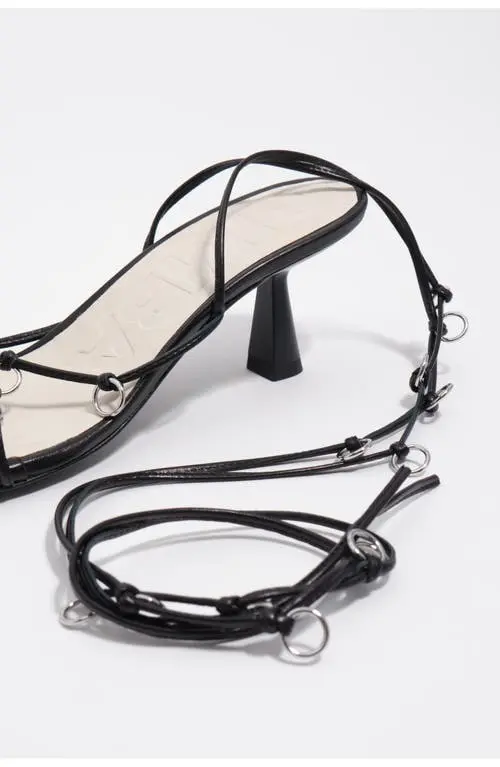 Bimba Y Lola Leather Heeled Sandals With Piercings And Ribbon Fastening
