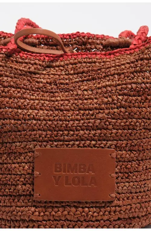 Bimba Y Lola Small Raffia Basket Bag With Leather Details - Oak