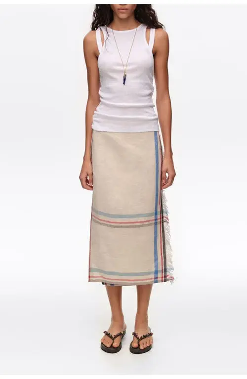 Bimba Y Lola Linen Straight Striped Midi Wrap Skirt - Ecru