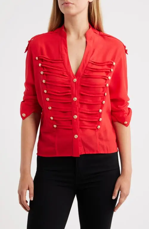NIKKI LUND Jameson Button Embellished Semisheer Top - Red