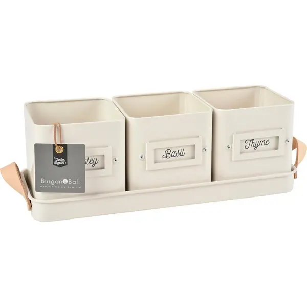 BURGON & BALL Herb Pots With Leather Handled Trayset Of 3 - Stone