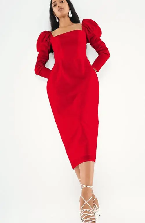 DE LORETA Amanda Long Sleeve Midi Cocktail Dress - Red