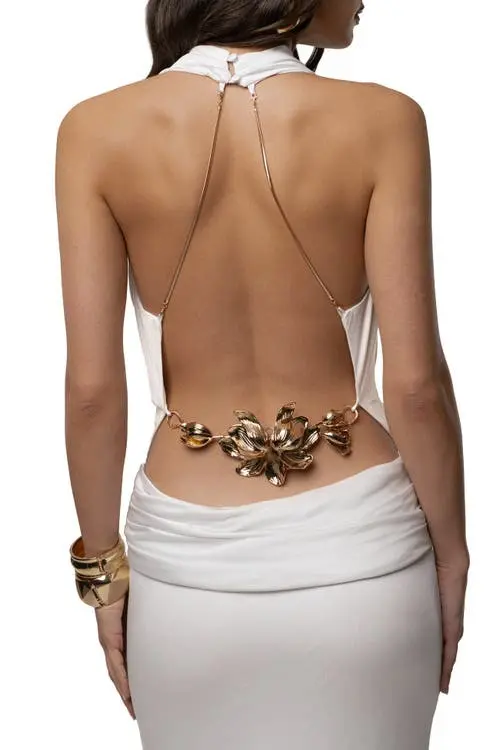 JLUXLABEL Lunara Cowl Maxi Dress With Open Back And Gold Chain Detail - Cream