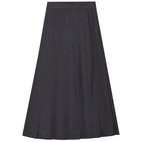 JULI Pleated Stretch Denim Midi Skirt - Black