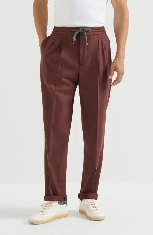 Brunello Cucinelli Virgin Wool And Cashmere Flannel Trousers With Double Pleats And Drawstring - Burned