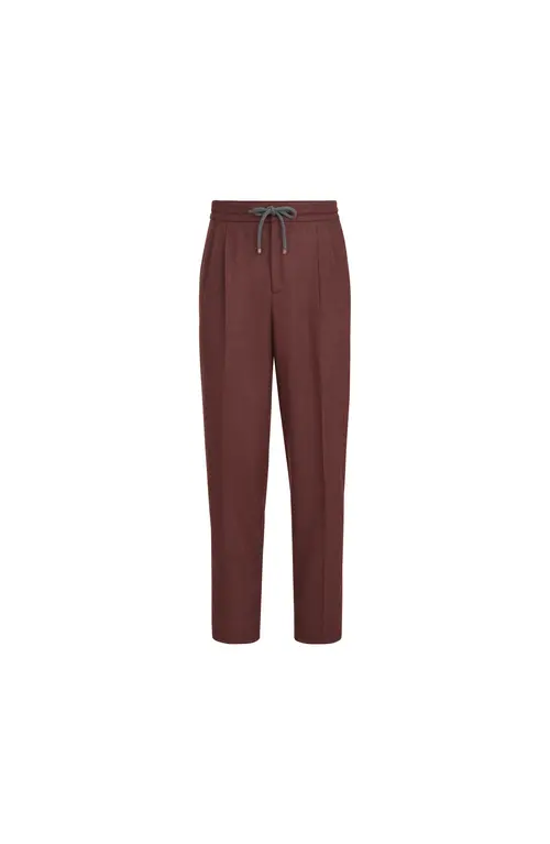 Brunello Cucinelli Virgin Wool And Cashmere Flannel Trousers With Double Pleats And Drawstring - Burned