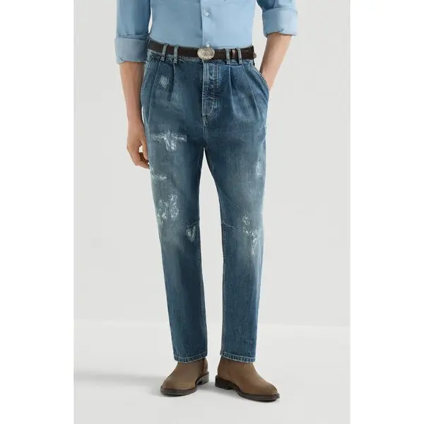 Brunello Cucinelli Iconic Fit Five-pocket Denim Trousers With Double Pleats And Distressed Details - Medium Denim