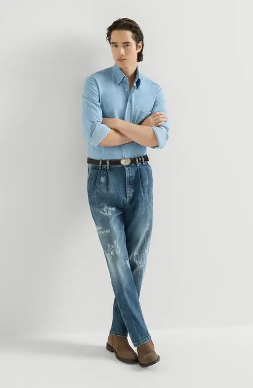 Brunello Cucinelli Iconic Fit Five-pocket Denim Trousers With Double Pleats And Distressed Details - Medium Denim