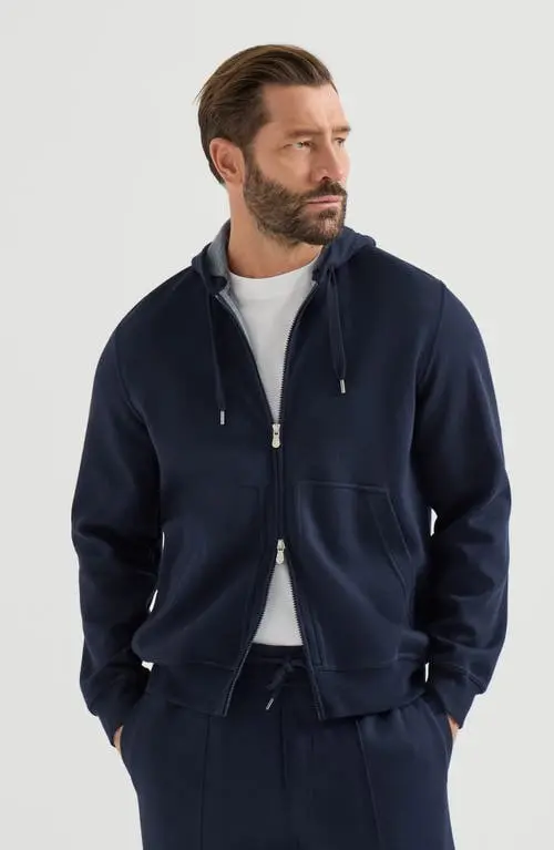 Brunello Cucinelli Double French Terry Zip-up Hooded Sweatshirt - Cobalt