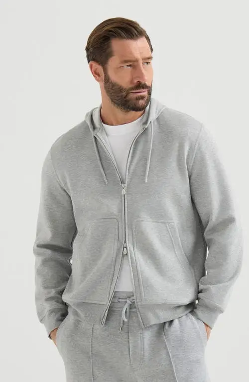 Brunello Cucinelli Double French Terry Zip-up Hooded Sweatshirt - Medium Grey