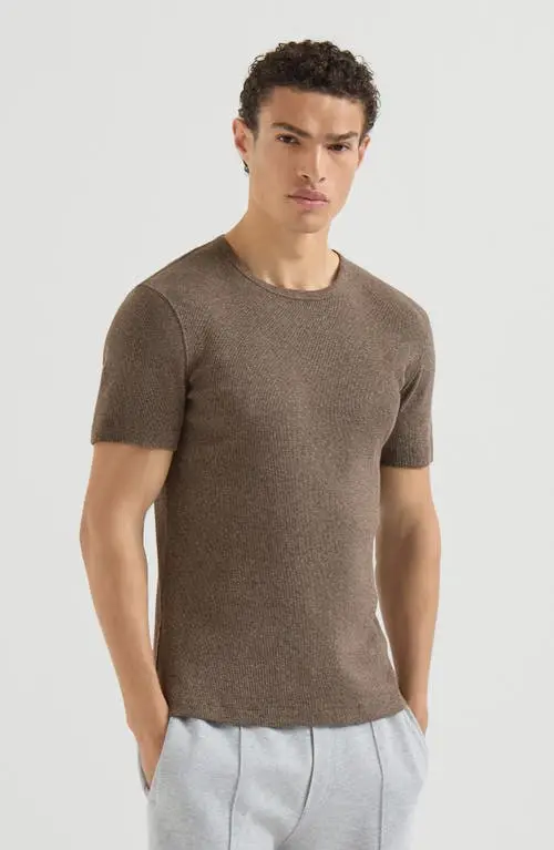 Brunello Cucinelli Denim-effect Ribbed Cotton Jersey Crew Neck T-shirt - Brown