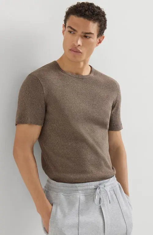 Brunello Cucinelli Denim-effect Ribbed Cotton Jersey Crew Neck T-shirt - Brown