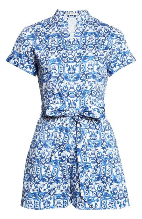 Alice + Olivia Lucy Baroque Print Belted Stretch Cotton Romper