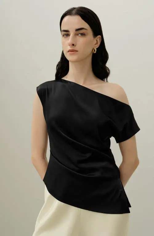 Lilysilk Stretch Silk Charmeuse Asymmetric Top - Black