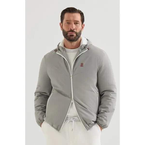 Brunello Cucinelli Bonded Nylon Hooded Outerwear Jacket With Thermore® Padding And Logo - Grey