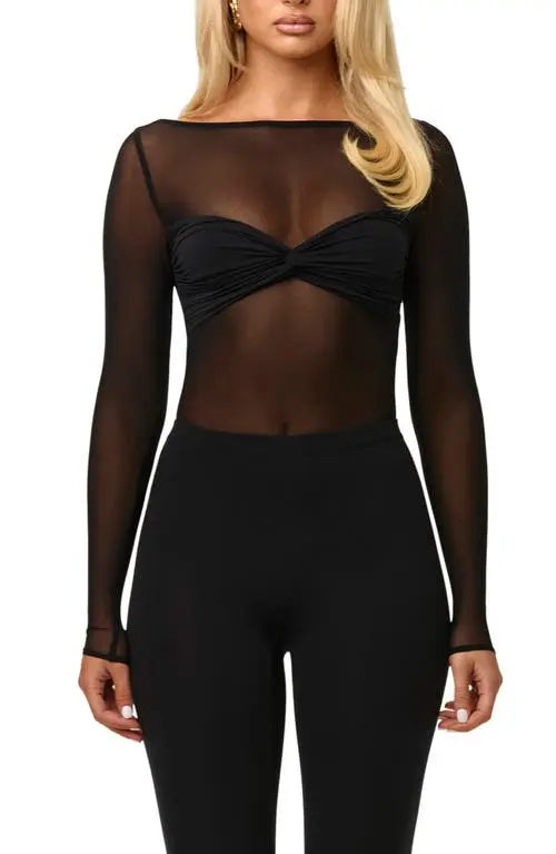 Naked Wardrobe Long Sleeve Mesh Bodysuit - Black