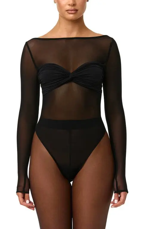 Naked Wardrobe Long Sleeve Mesh Bodysuit - Black