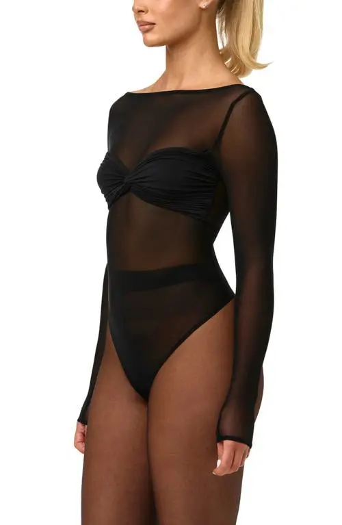 Naked Wardrobe Long Sleeve Mesh Bodysuit - Black