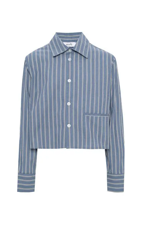 MIDI Cropped Striped Button Front Box Pleat Blouse - Denim
