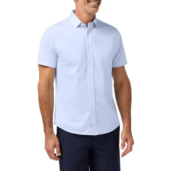 Mizzen+main Newport Solid Short Sleeve Knit Cotton Blend Button-up Shirt - Cloud Blue