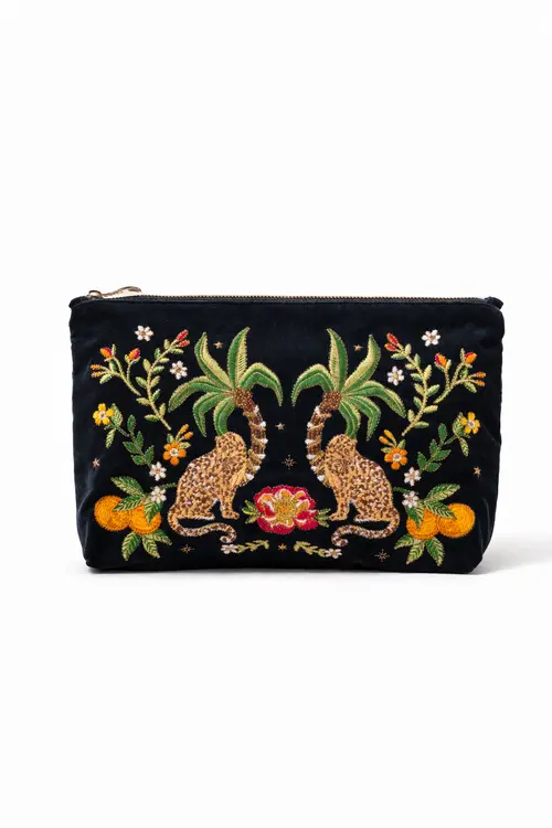 ELIZABETH SCARLETT Tropical Jaguar Velvet Everyday Pouch - Charcoal