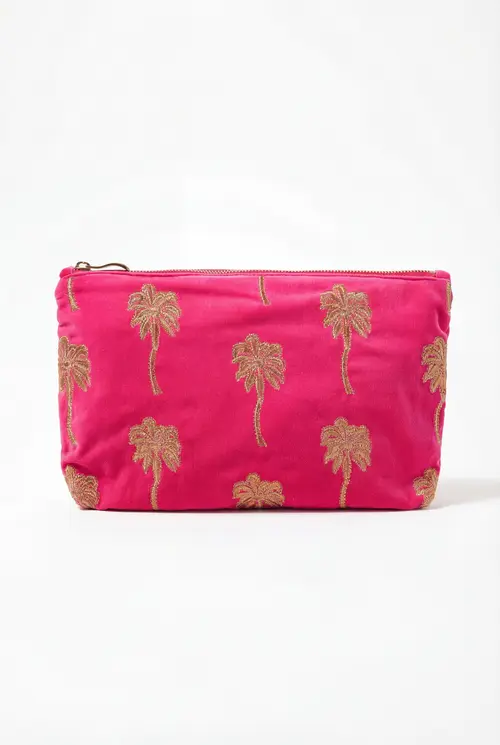 ELIZABETH SCARLETT Gold Palm Velvet Everyday Pouch - Pink