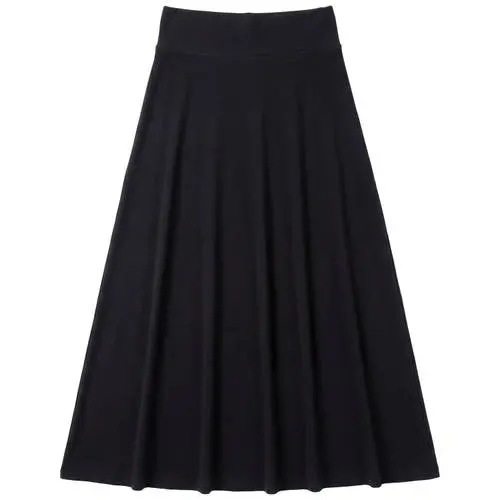MONTE CARLO Flared Ribbed Waist Stretch Knit Long Skirt - Black