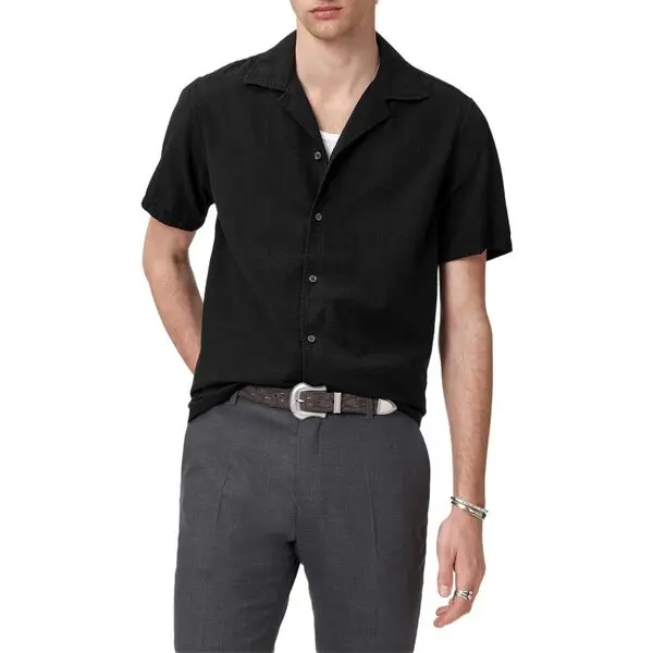 John Varvatos Cotton Seersucker Camp Shirt - Black