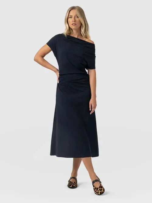 SAINT + SOFIA Laurie Cowl Neck Dress - Navy