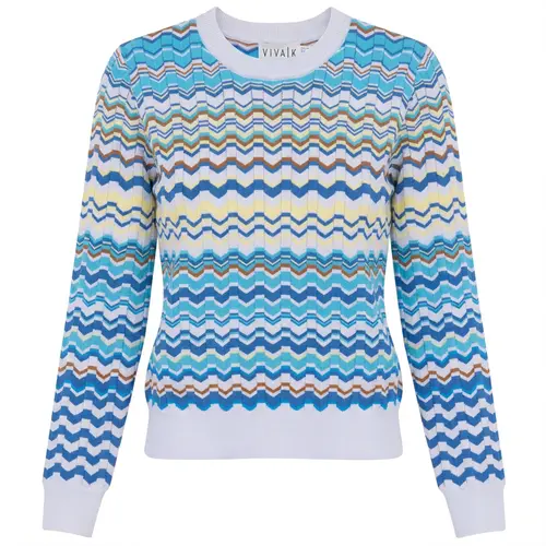 VIVA K Crochet Chevron Ribbed Long Sleeve Sweater - Light Blue Multi